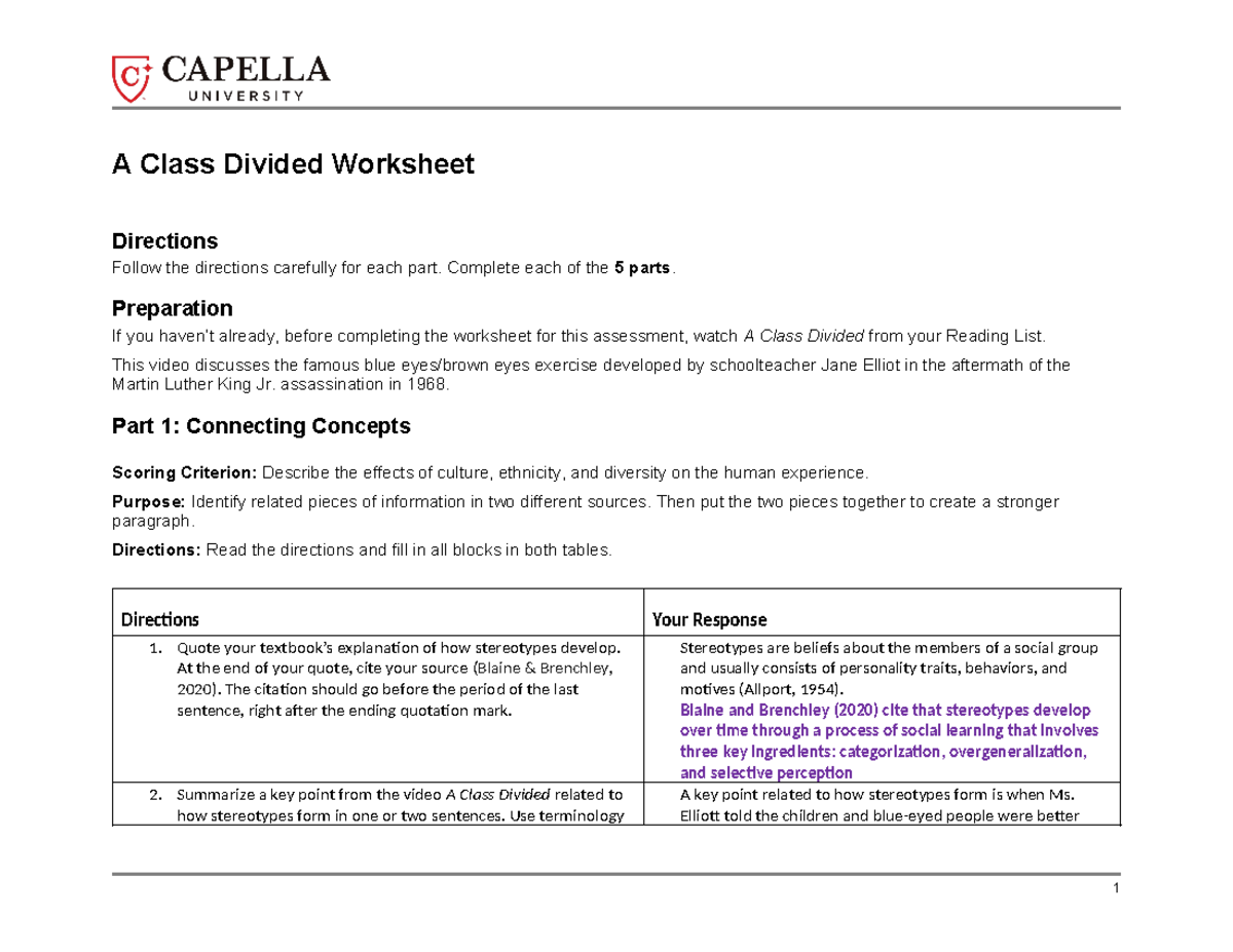 A class divided worksheet - A Class Divided Worksheet Directions Follow the directions carefully ...