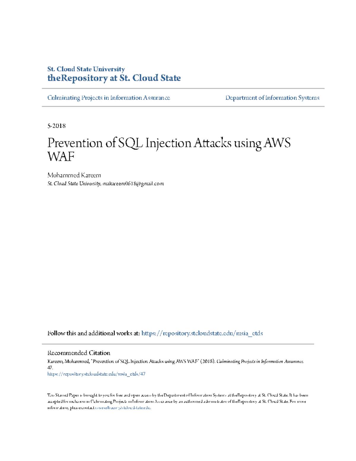 Prevention of SQL Injection Attacks using AWS WAF - St. Cloud State University theRepository at ...