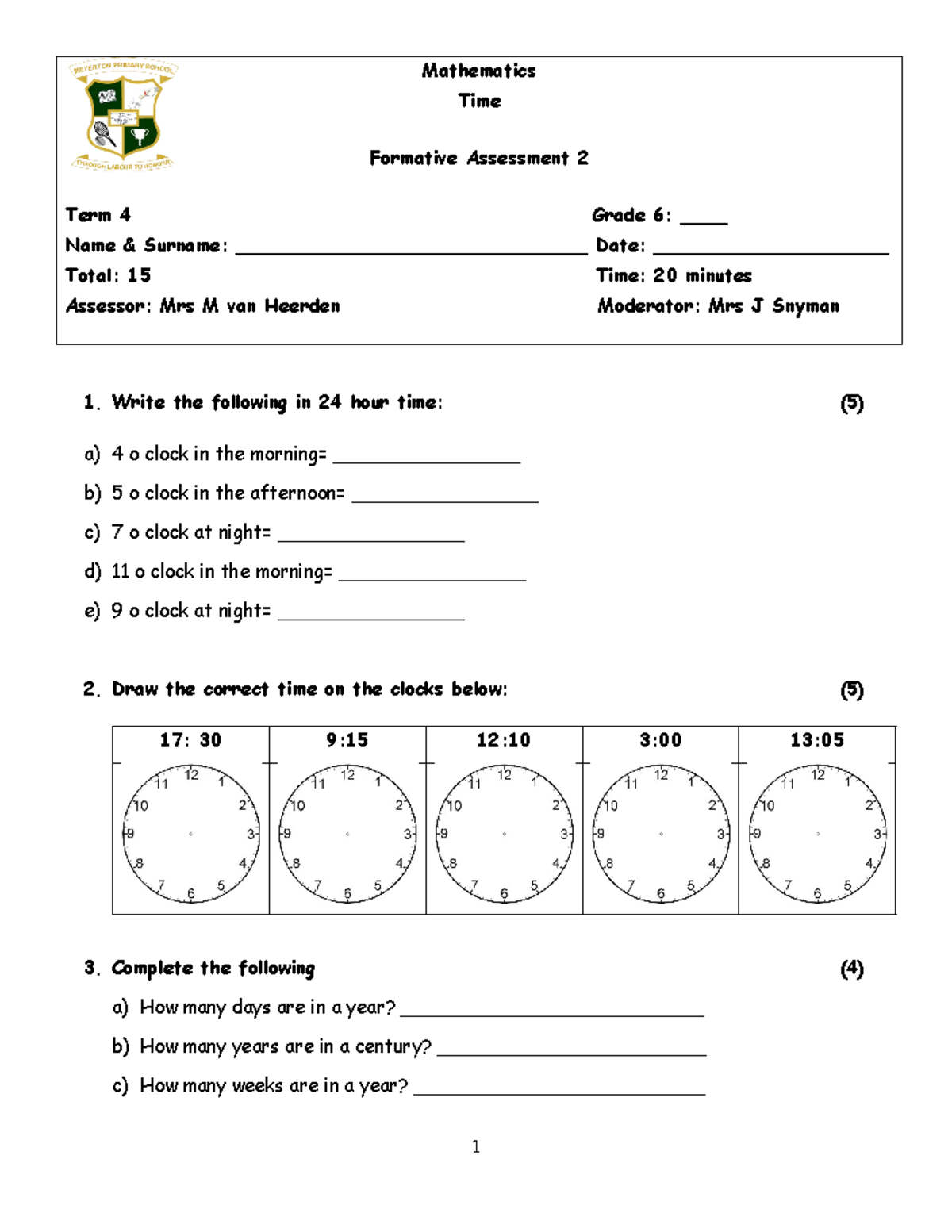 Formative 2 term 4 - practice test - Mathematics Time Formative ...