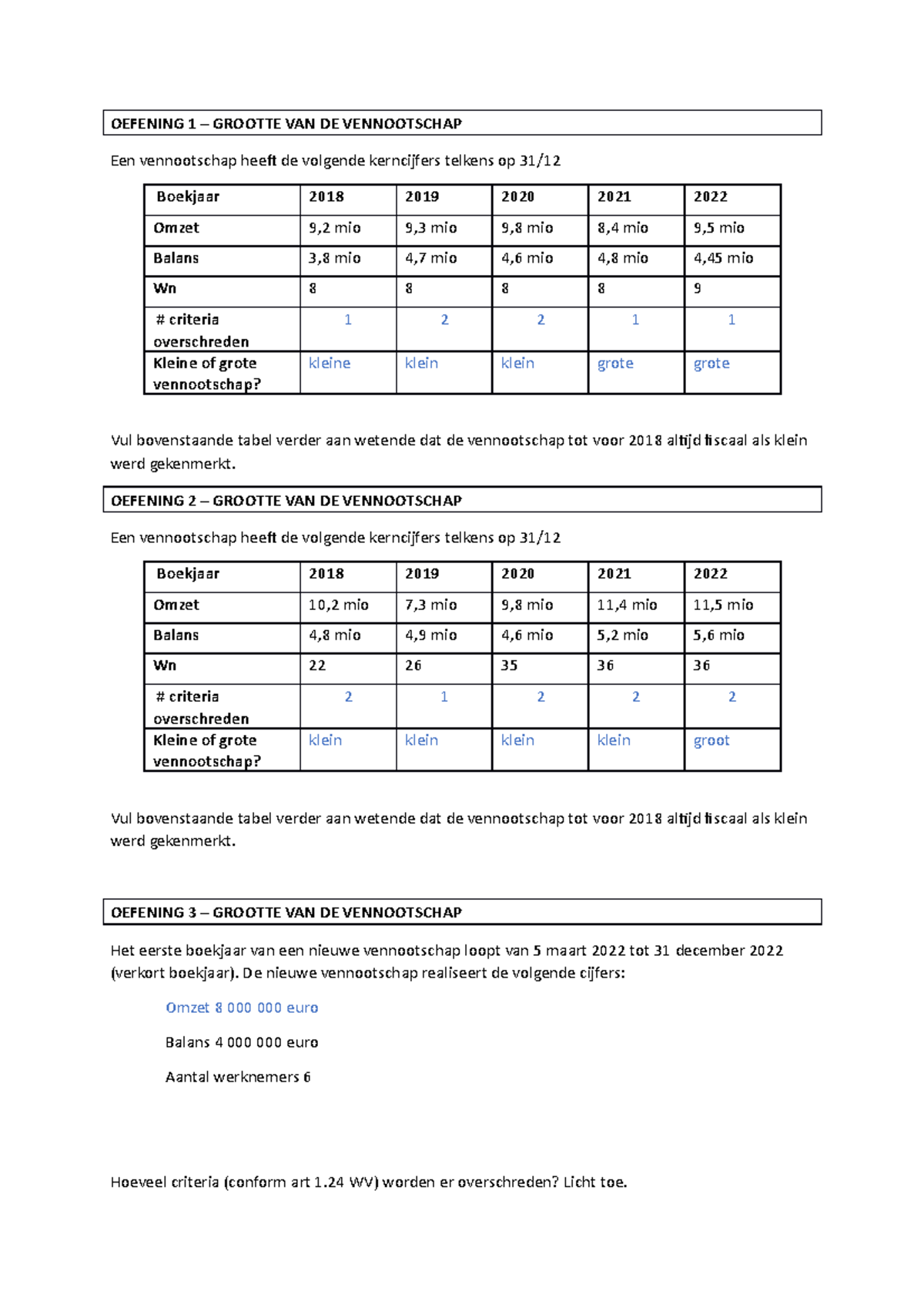 Toepassingen Vennootschapsbelasting - OEFENING 1 – GROOTTE VAN DE ...