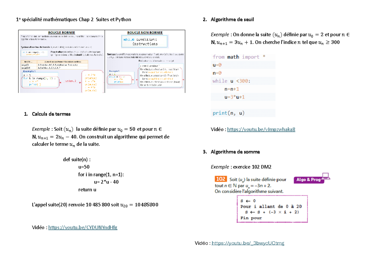 TD Python - 1 e spécialité mathématiques Chap 2 Suites et Python 1 ...