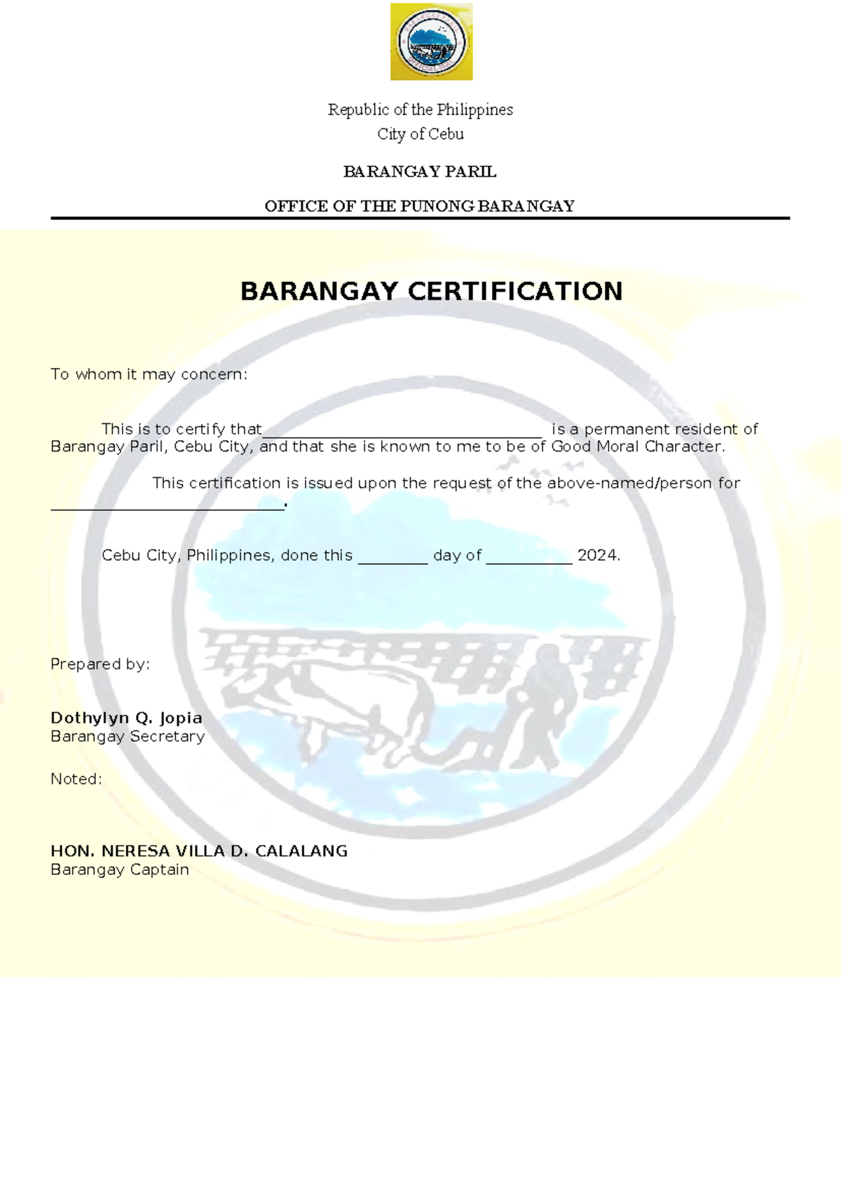 Barangay Certification 1 - Republic of the Philippines City of Cebu ...
