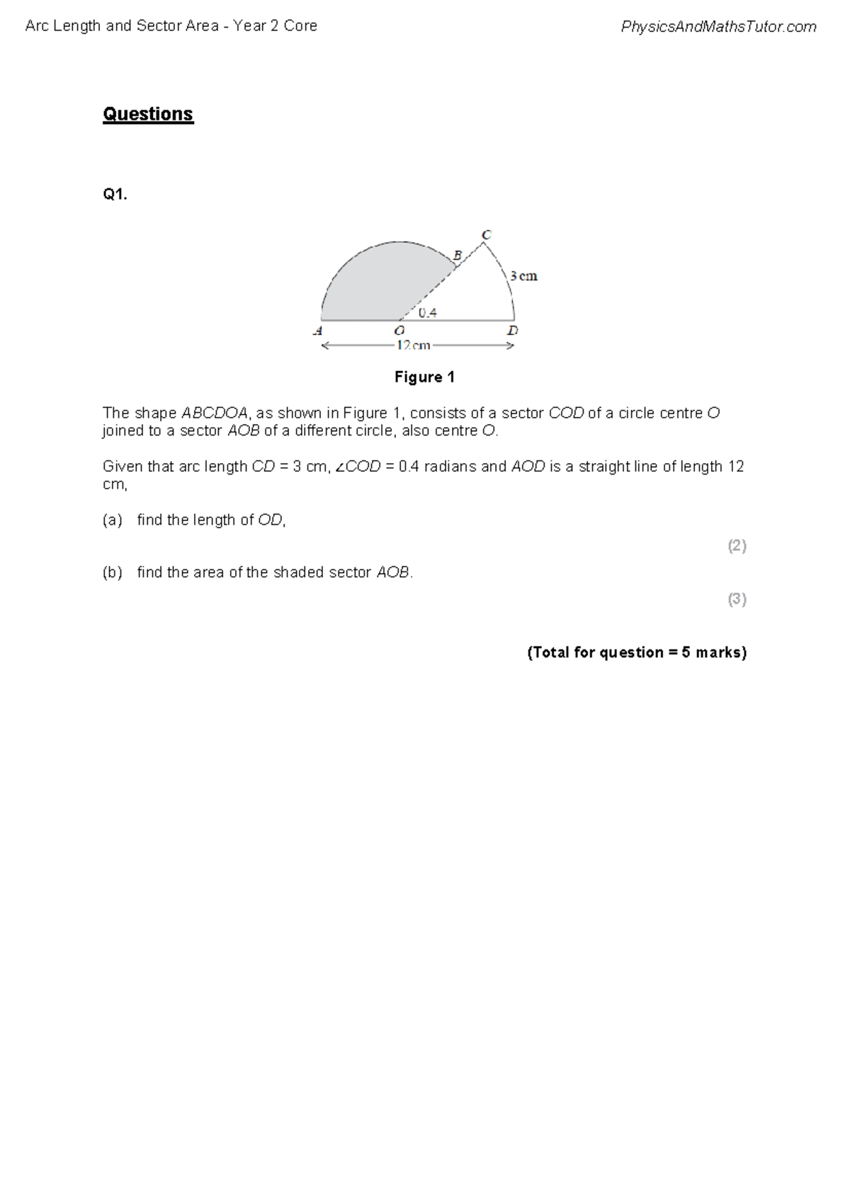 Arc Length and Sector Area - Questions Q1. Figure 1 The shape ABCDOA ...