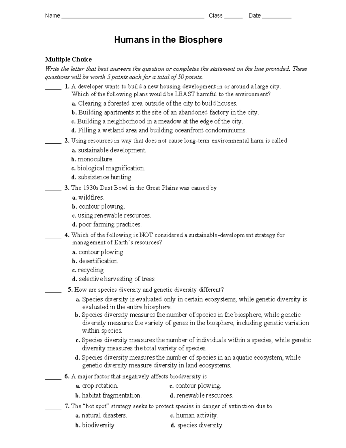 5. Humans in the Biosphere Test - Name Class Date Humans in the ...
