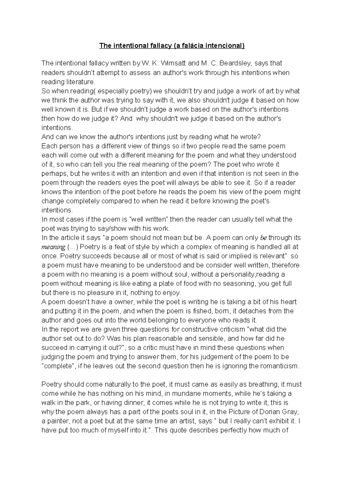 The intentional fallacy (a falácia intencional) - The intentional ...