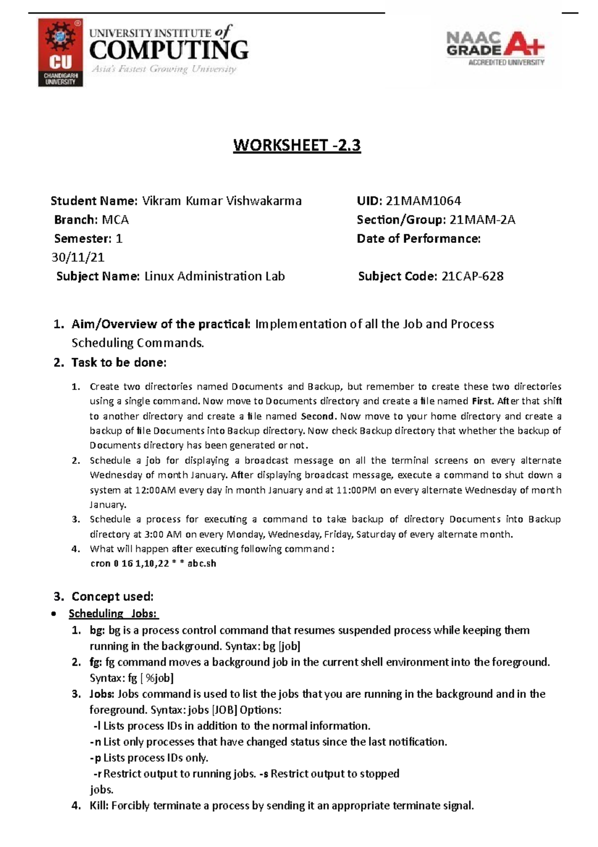 Linux worksheet 2 - 21mci1045(daa 1) - WORKSHEET -2. Student Name ...