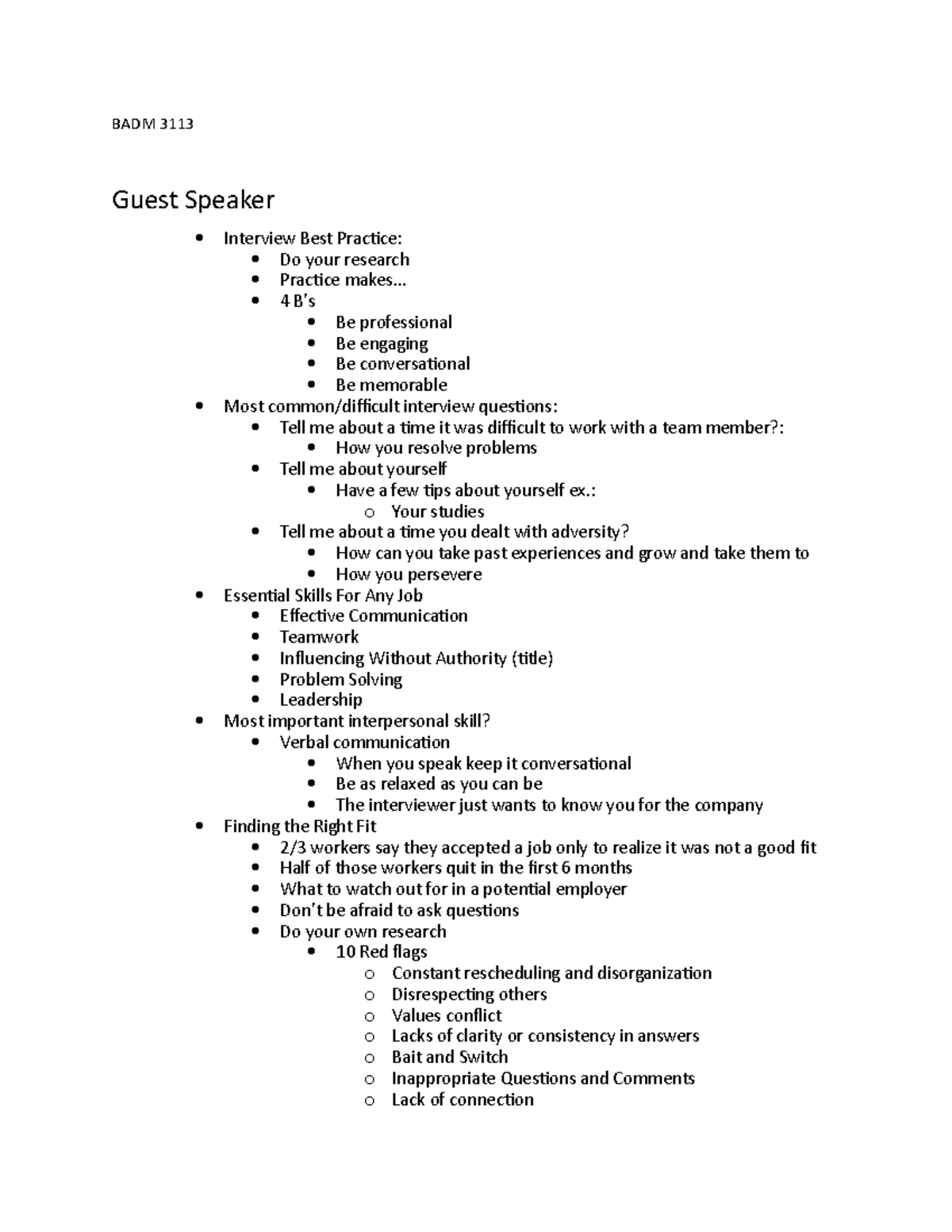 Career Readiness - BADM 3113 Guest Speaker Interview Best Practice: Do ...