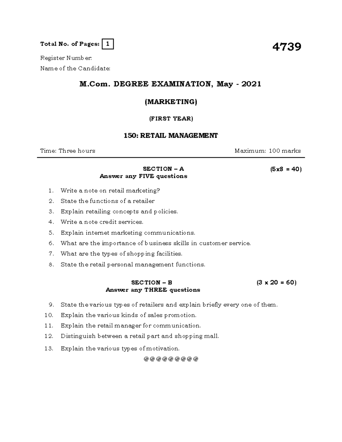 4739 - PREVIOUS QUESTION PAPER OF RETAIL MANAGEMENT - Total No. of ...