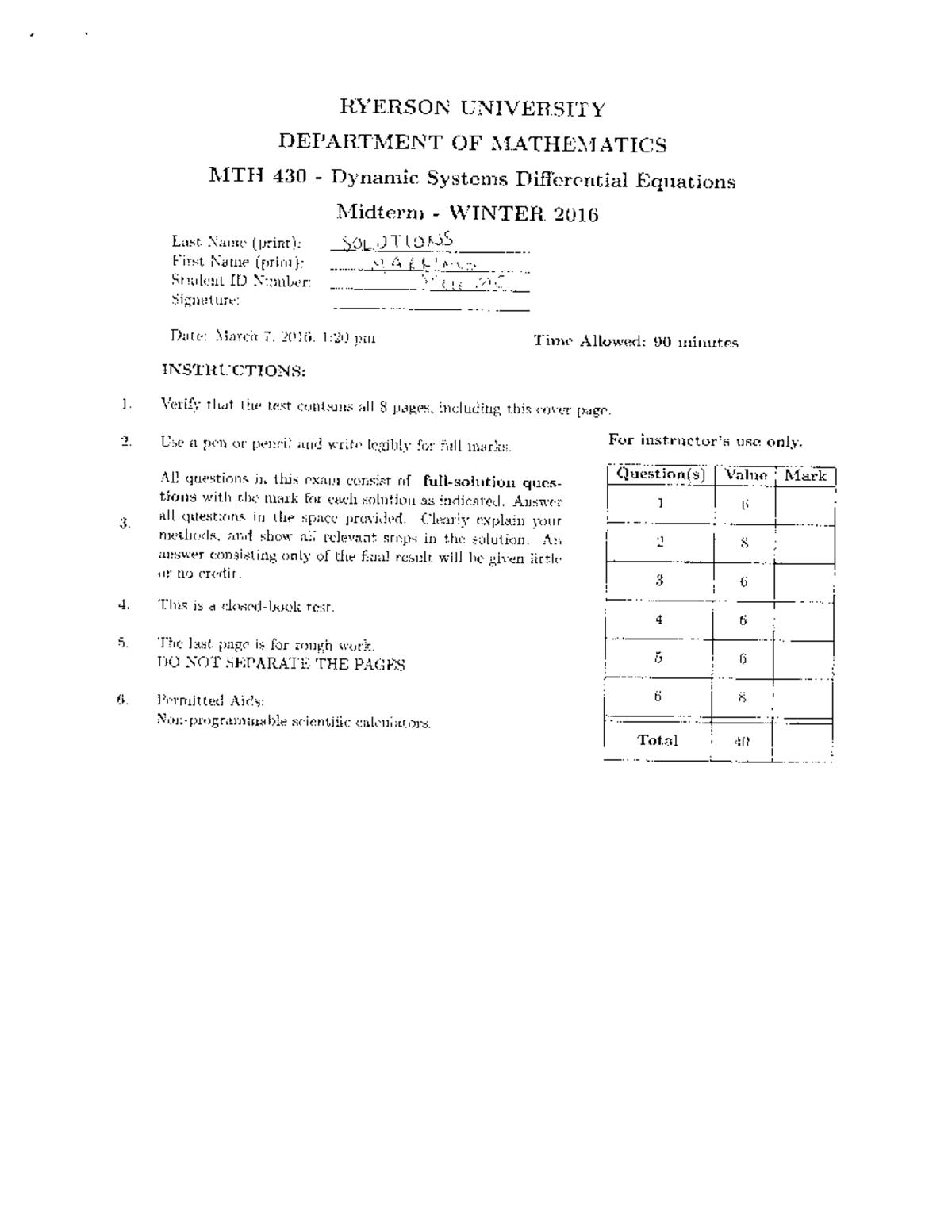 MTH430 2016 01 Midterm - exam practice with answers - RYERSON ...
