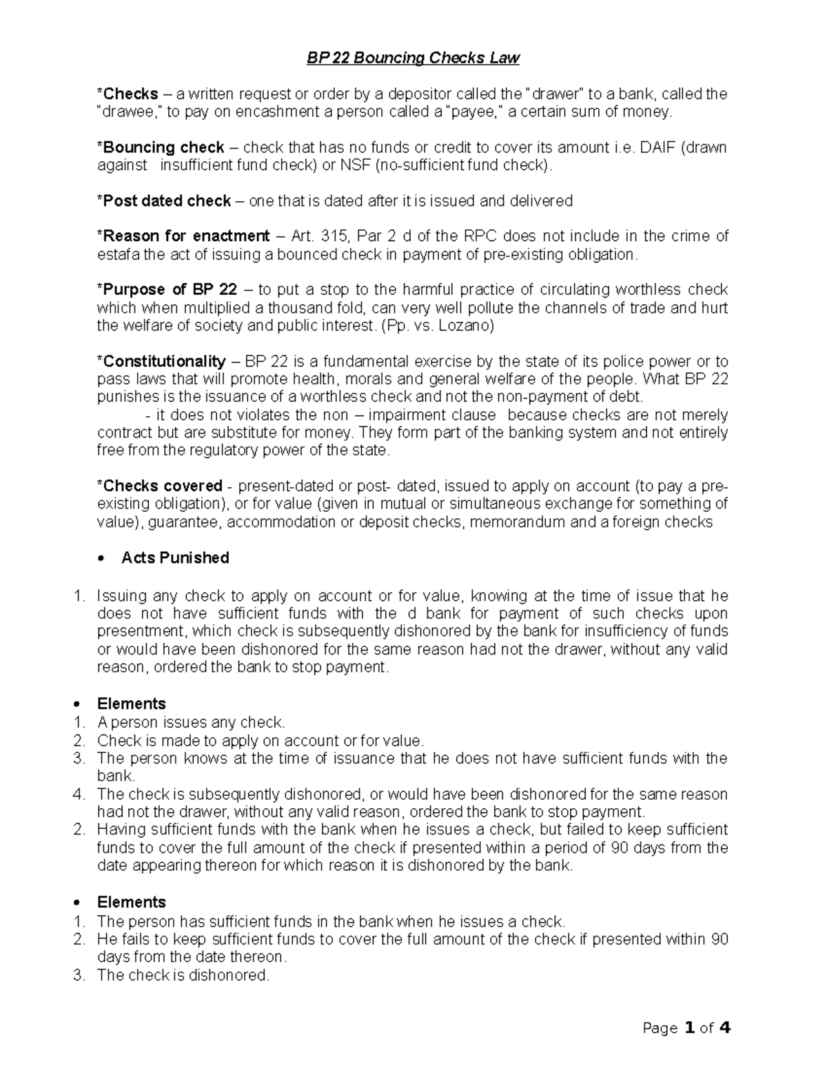 BP 22 Notes 001 - BP 22 Bouncing Checks Law *Checks – a written request ...