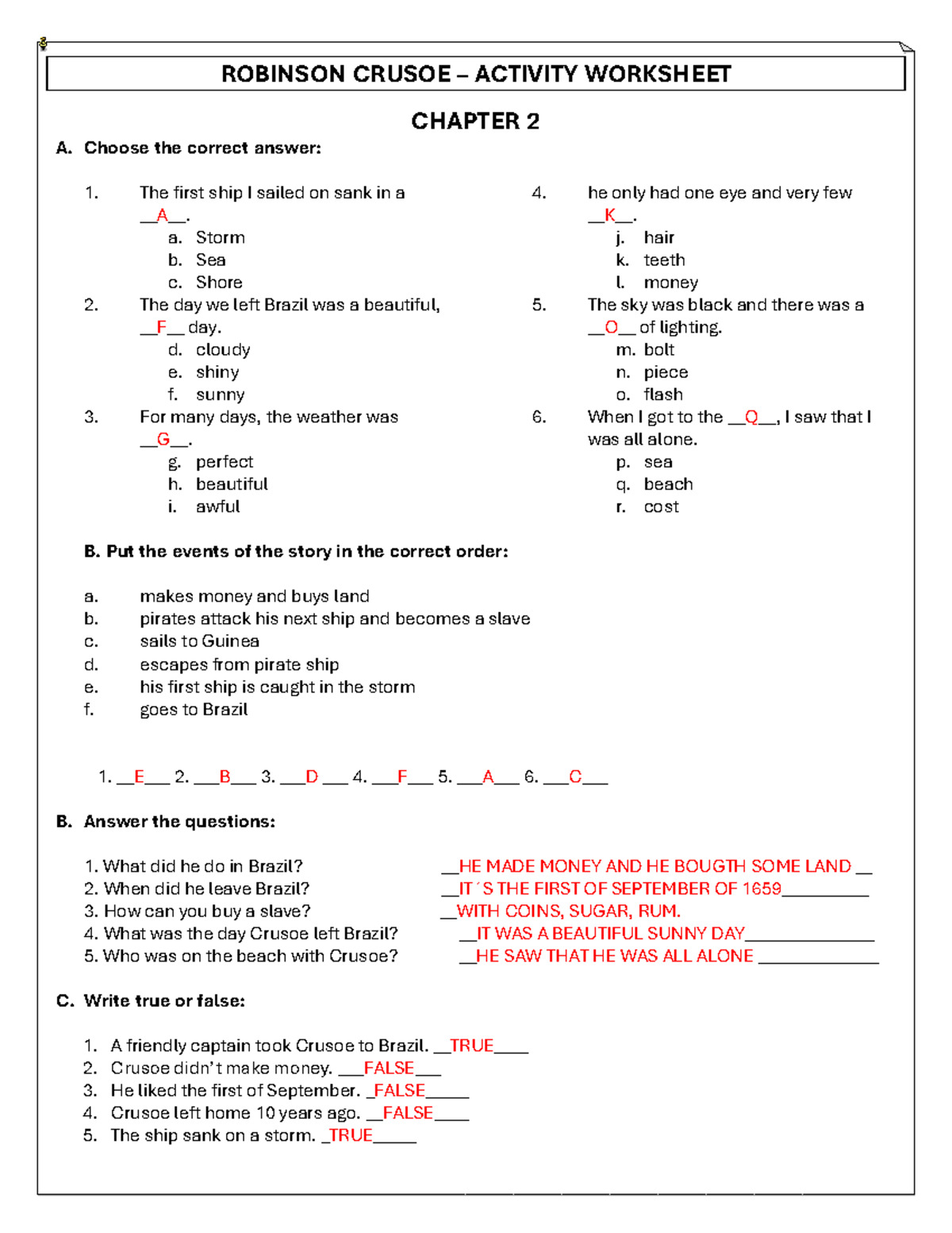 Robinson Crusoe - Chapter 2 - ROBINSON CRUSOE – ACTIVITY WORKSHEET ...