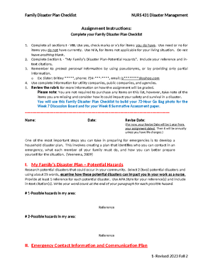 Family Disaster Plan Checklist Revised - Assignment Instructions ...