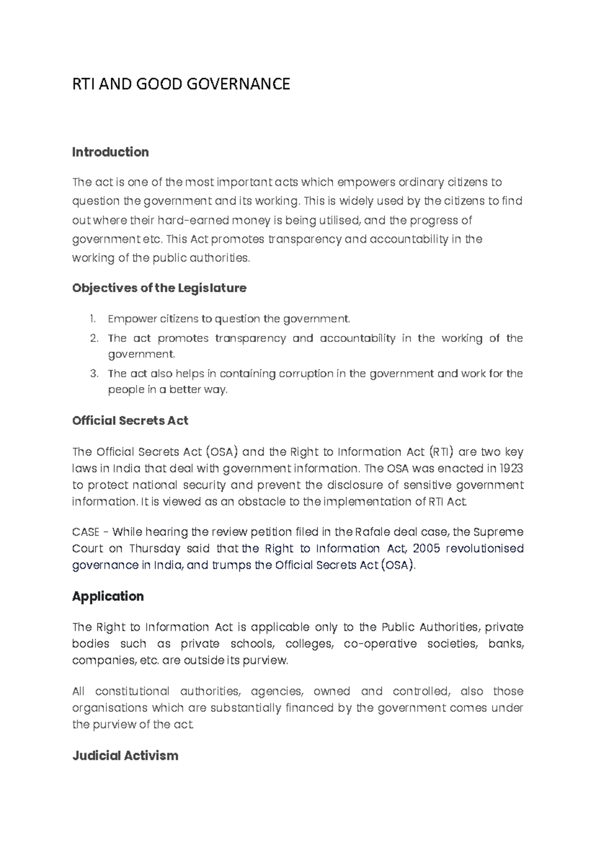 RTI AND GOOD Governance - RTI AND GOOD GOVERNANCE Introduction The act ...