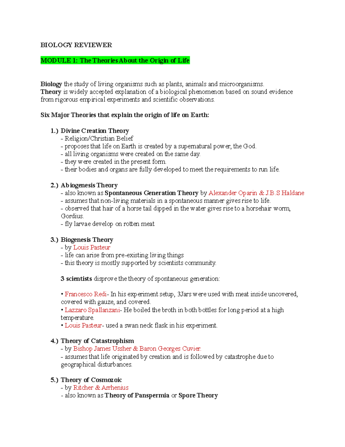Biology-Reviewer - Biology - BIOLOGY REVIEWER MODULE 1: The Theories ...