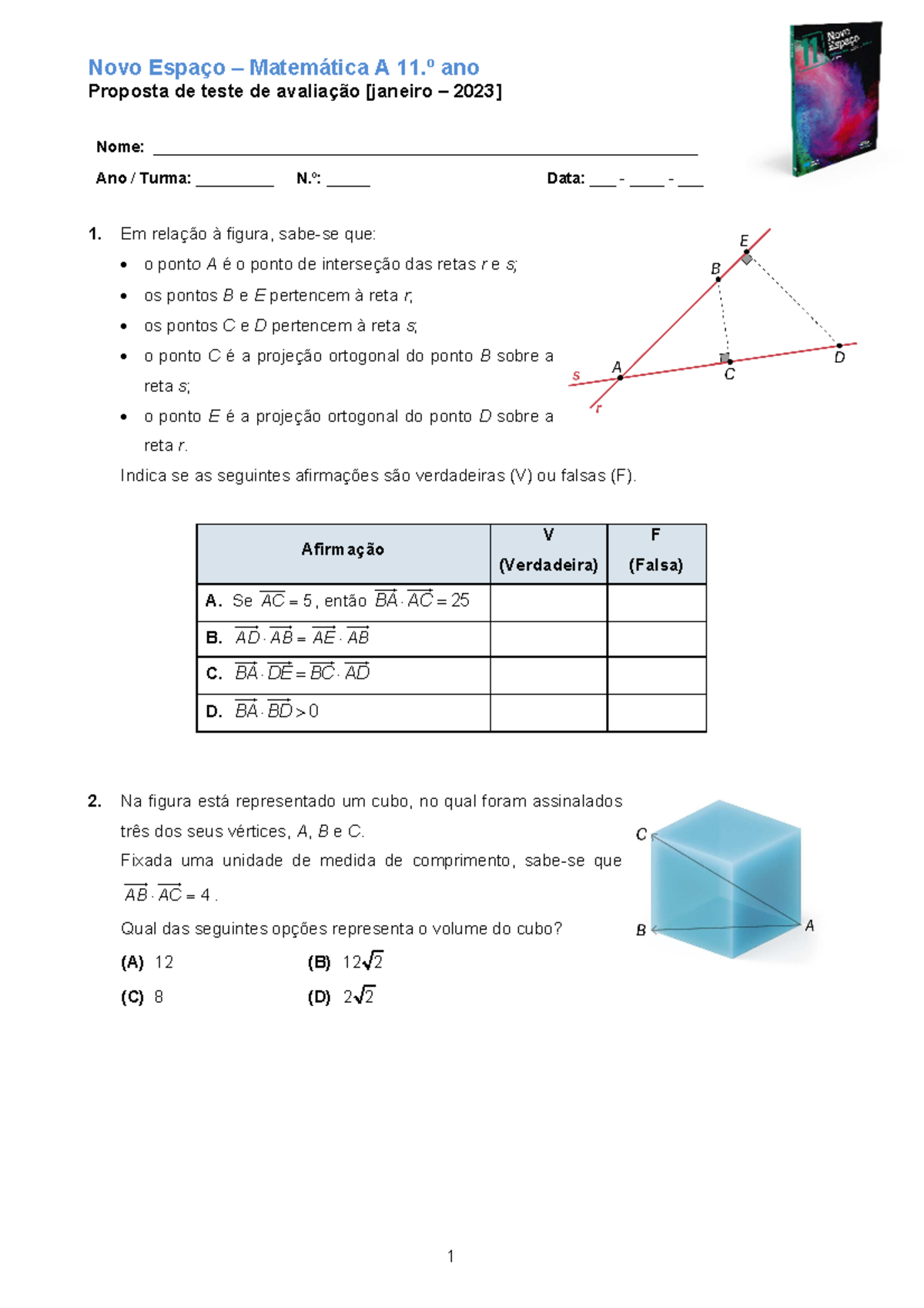 Proposta de teste 11.º ano - Novo Espaço – Matemática A 11.º ano ...
