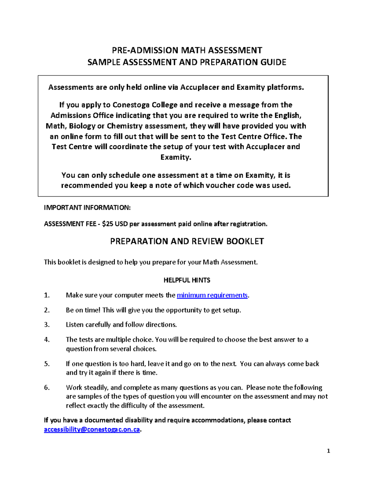 Pre admission math assessment sample - PRE-ADMISSION MATH ASSESSMENT ...