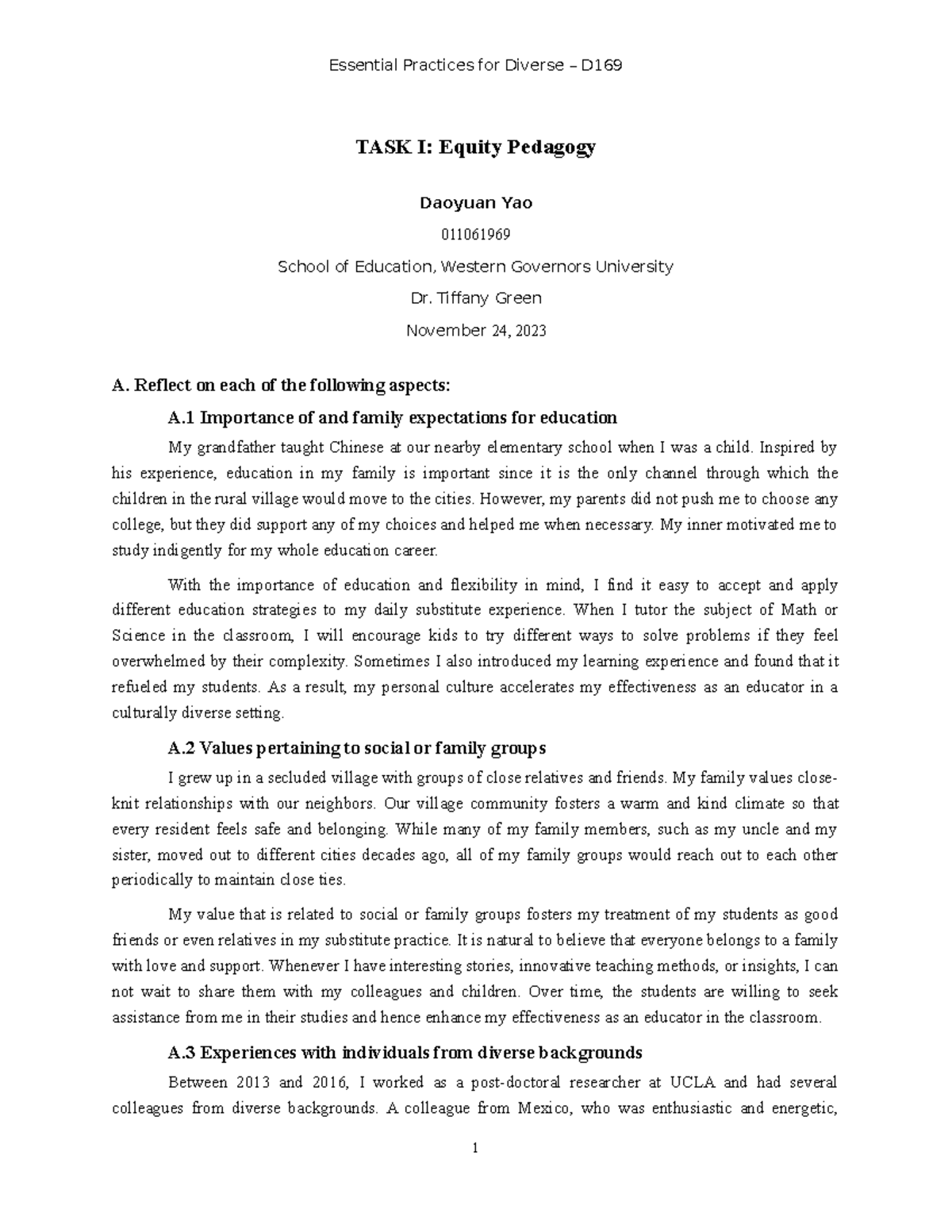 Equity Pedagogy - Essential Practices for Diverse – D TASK I: Equity ...