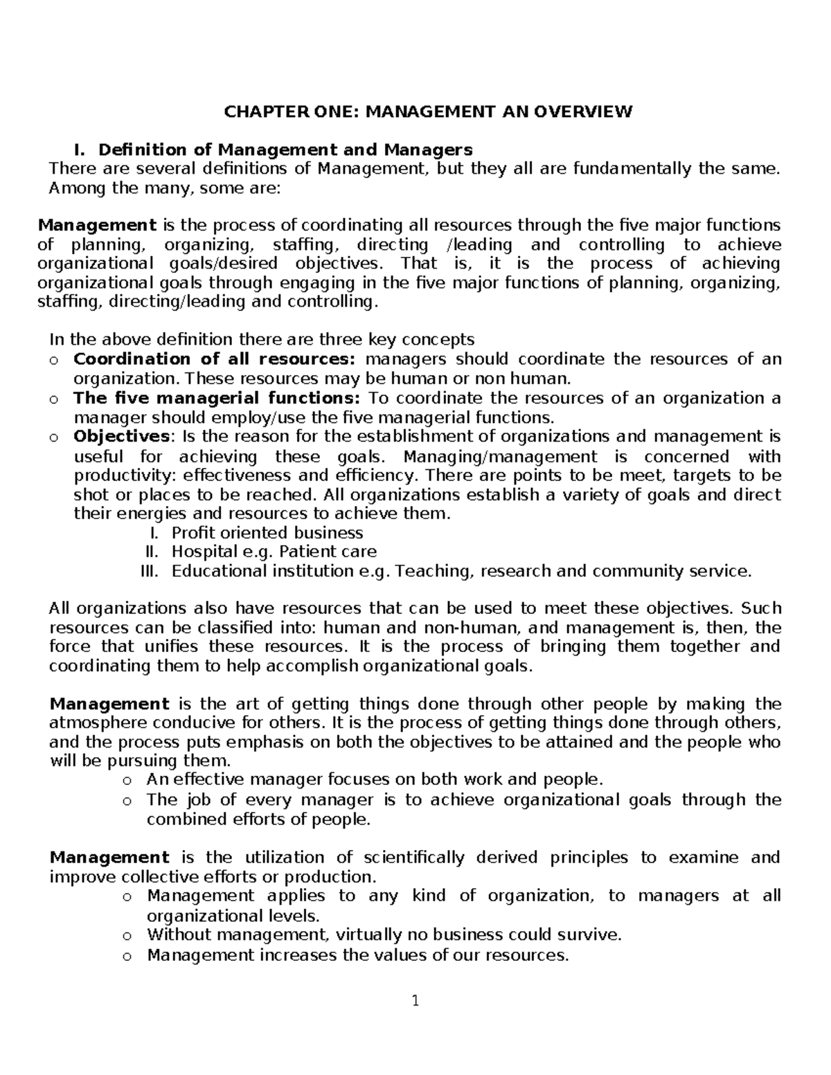 Itroduction to mgt - CHAPTER ONE: MANAGEMENT AN OVERVIEW I. Definition of Management and ...