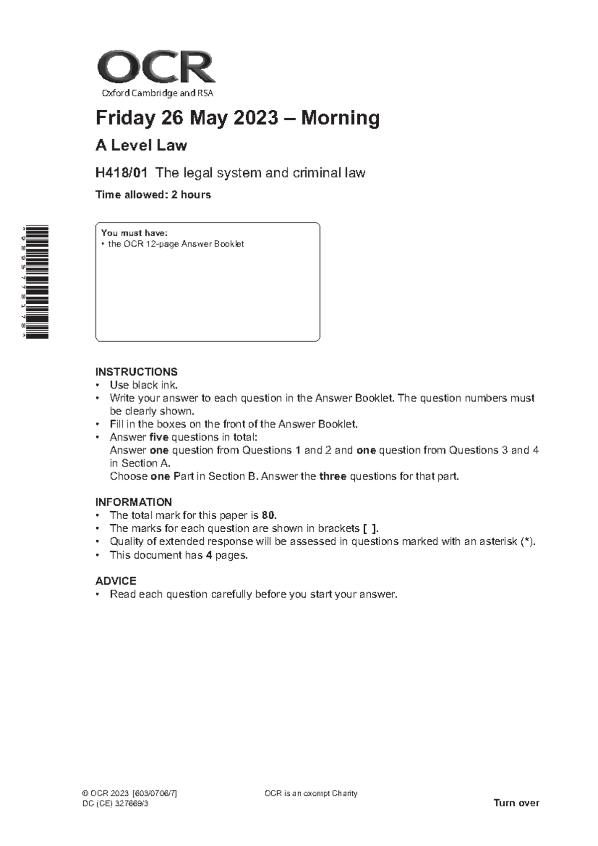 Paper 1 2023 - Notes - OCR is an exempt Charity Oxford Cambridge and ...