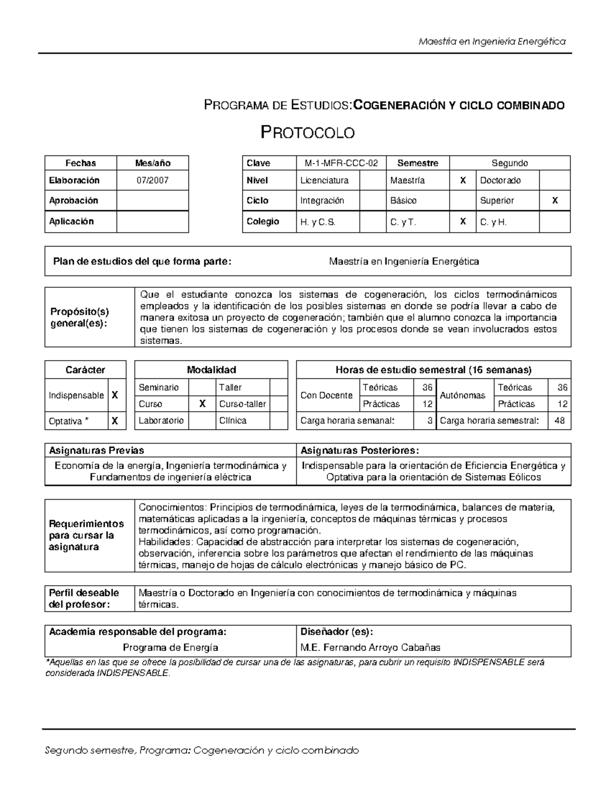 Cogeneracion ciclo combinado - PROGRAMA DE ESTUDIOS:COGENERACIÓN Y CICLO COMBINADO PROTOCOLO ...