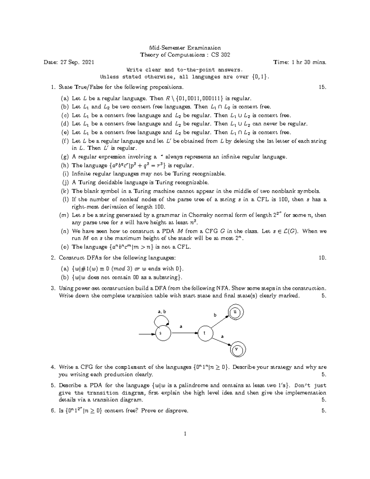 Midsem - Mid-Semester Examination Theory of Computations : CS 302 Date: 27 Sep. 2021 Time: 1 hr ...