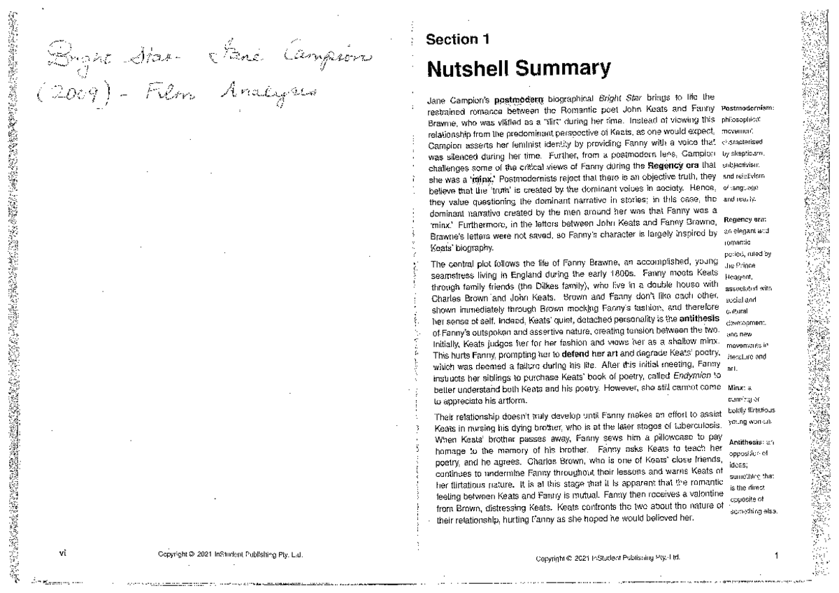 Bright Star Analysis In Student Publishing - Section 1 Sight Jane Campion Nutshell Summary (2009 ...