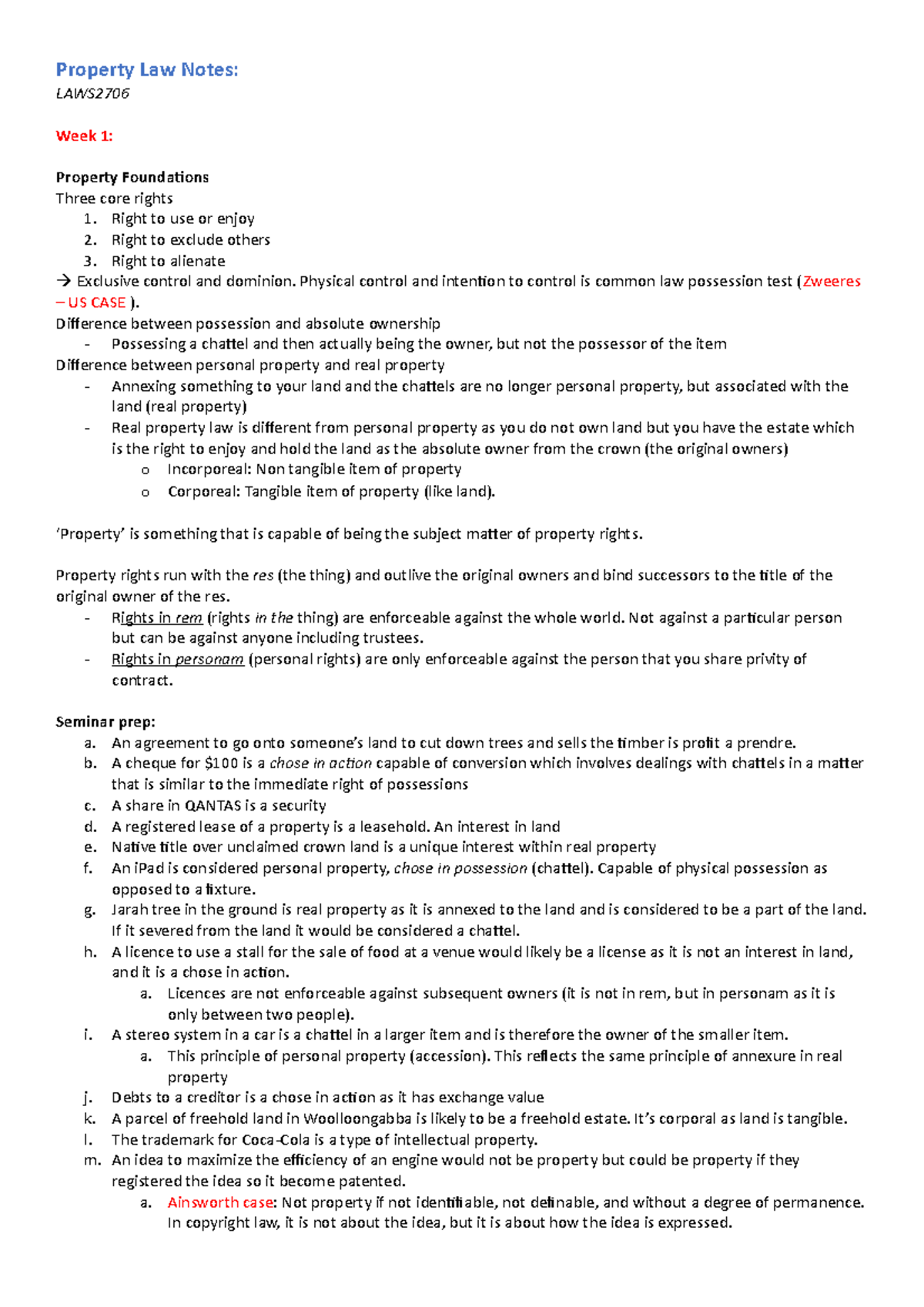 Property Law Notes week 1-6 - Property Law Notes: LAWS2706 Week 1 ...