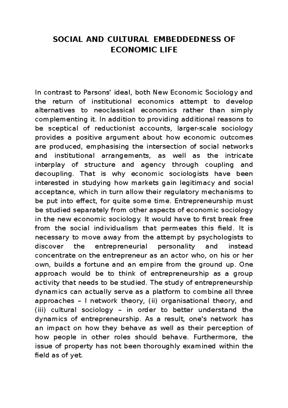 Social AND Cultural Embeddedness OF Economic LIFE - SOCIAL AND CULTURAL ...