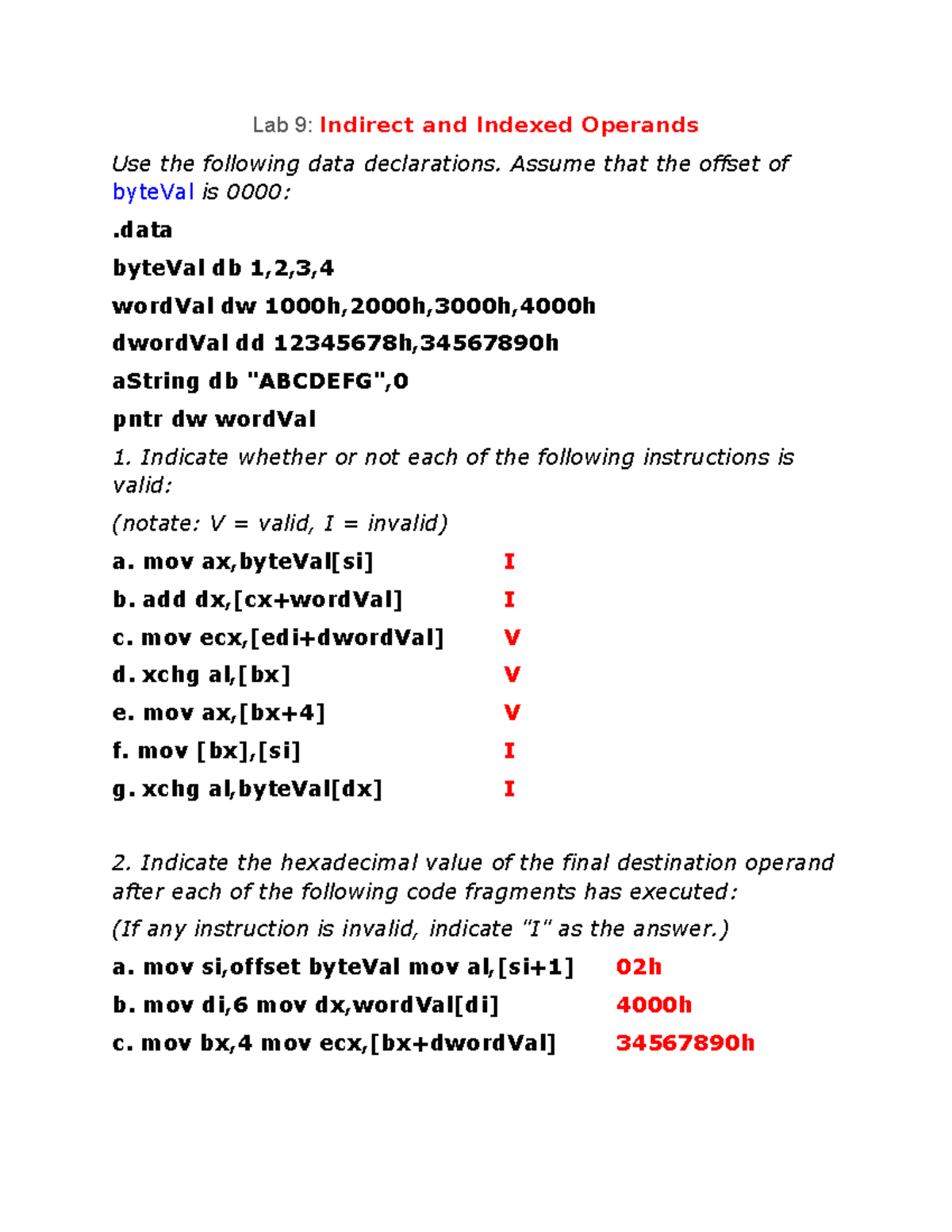 Lab 9 - Giải lab 9 ktmt - Lab 9: Indirect and Indexed Operands Use the ...