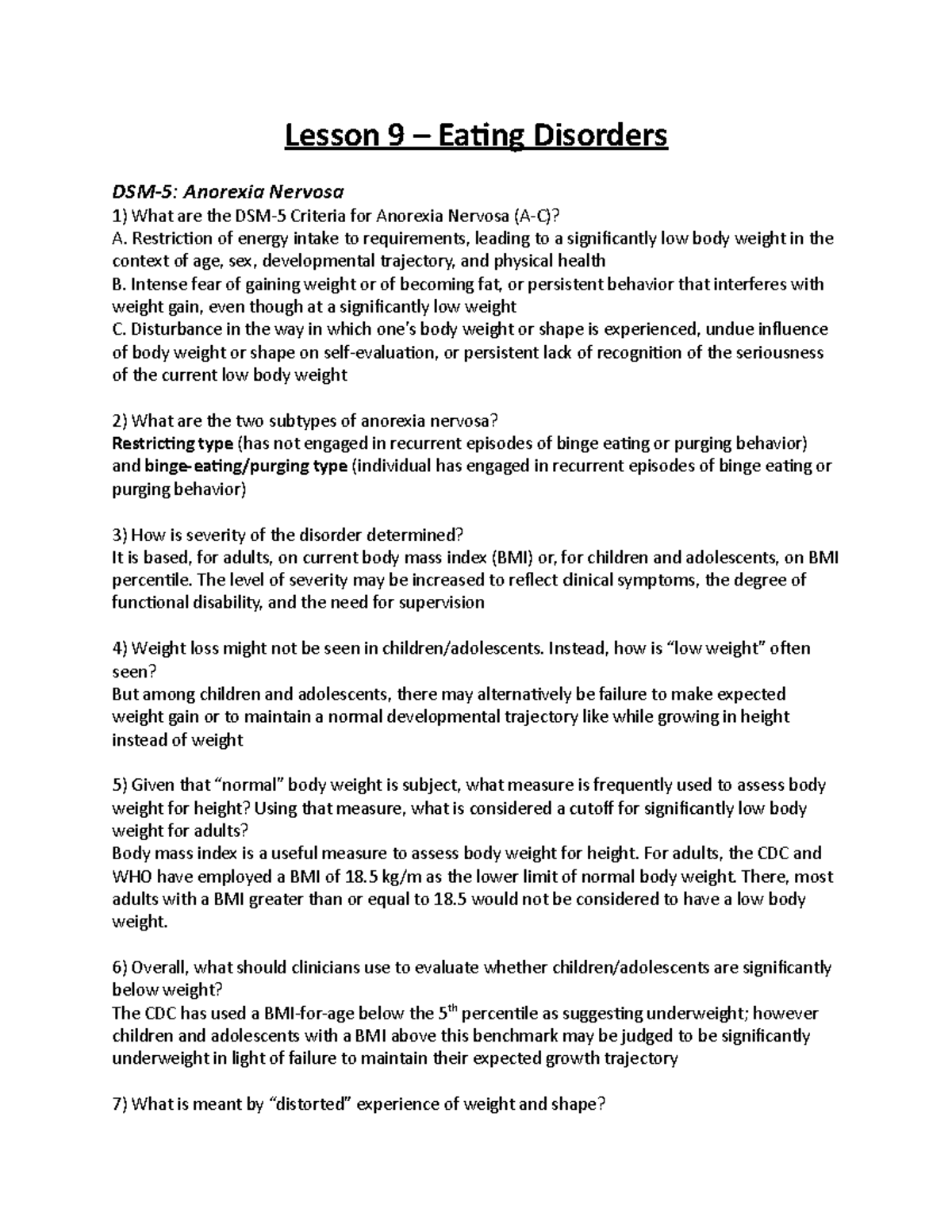 Lesson 9 – Eating Disorders - Lesson 9 – Eating Disorders DSM-5 ...
