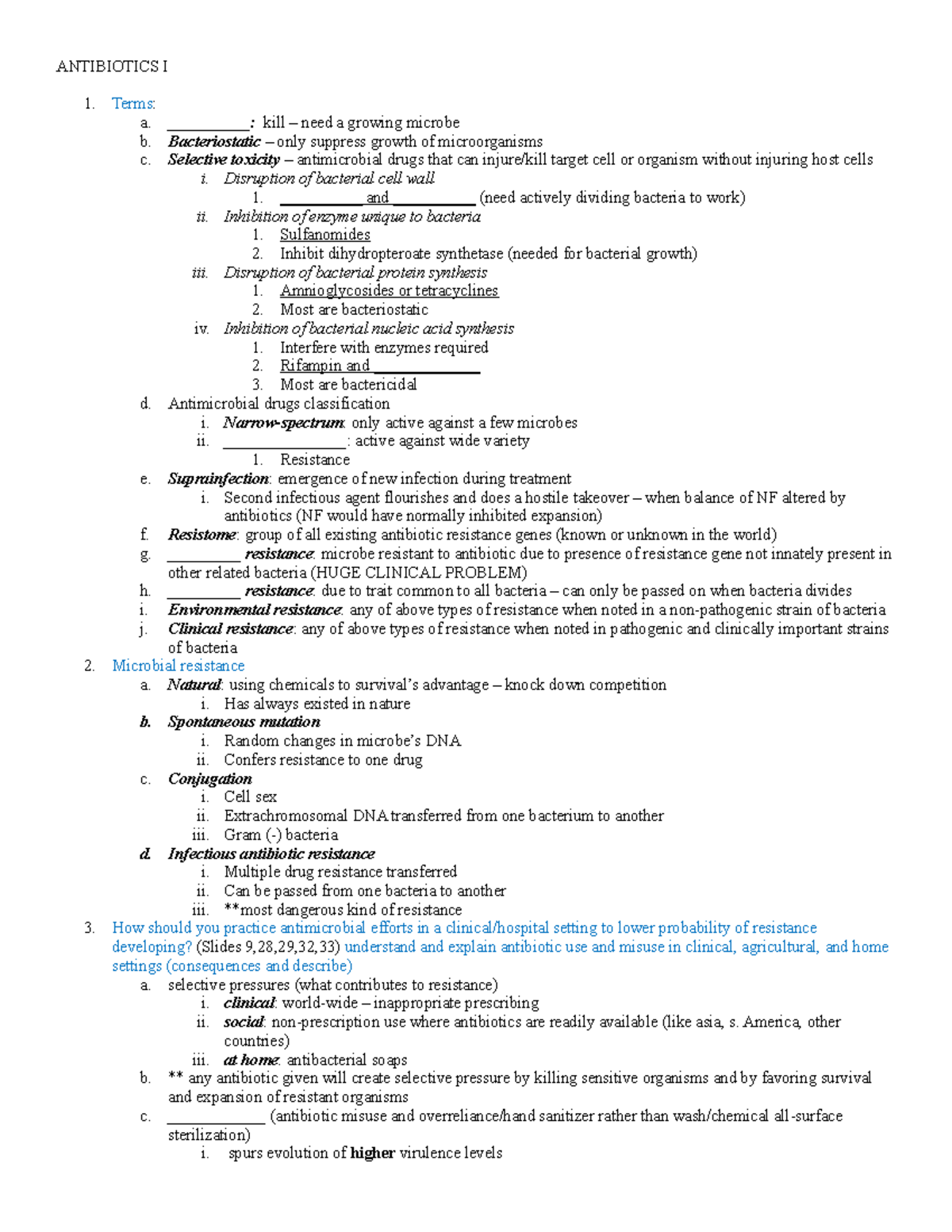 Abx SG fill-in - ABX Notes - ANTIBIOTICS I Terms: a. __________: kill ...