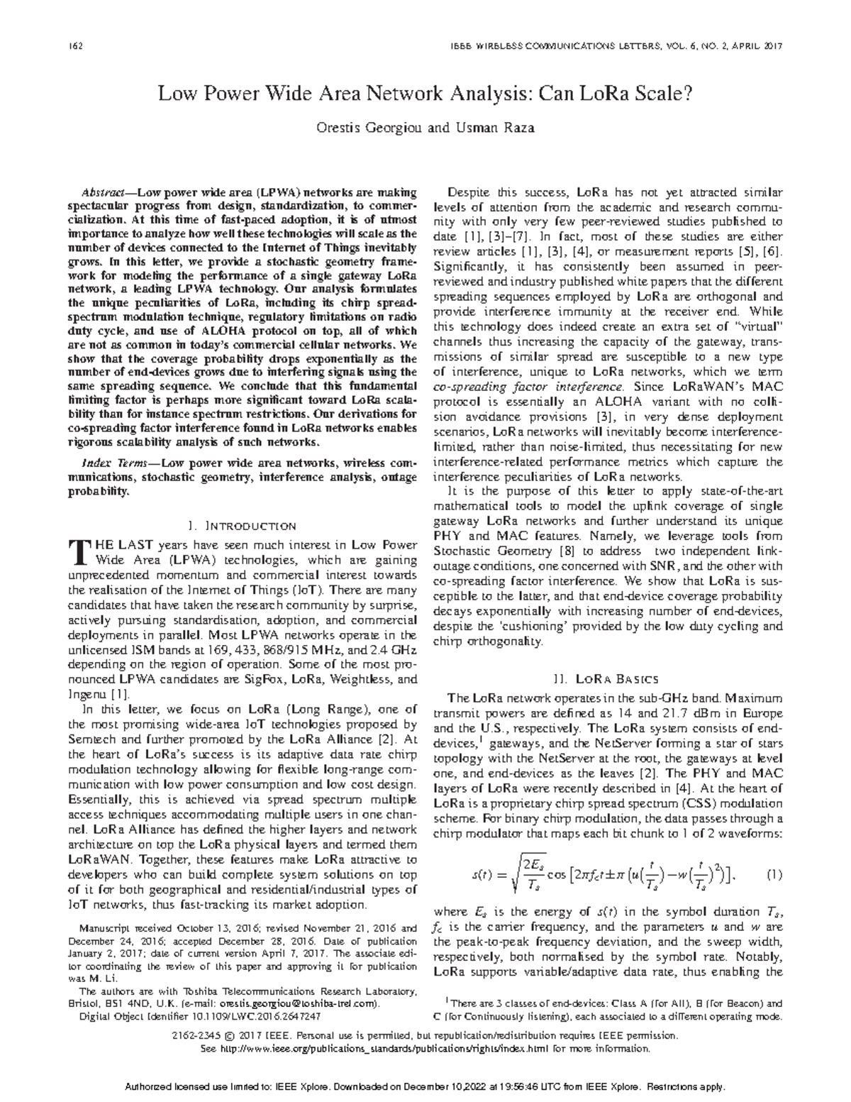 Low Power Wide Area Network Analysis Can Lo Ra Scale - 162 IEEE ...