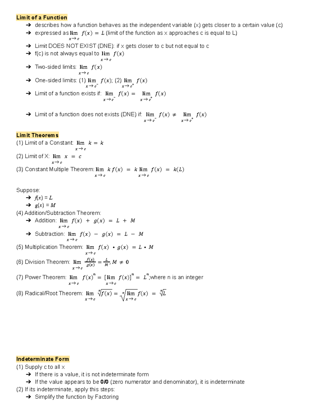 Basic Calculus Formula - First Quarter First Semester - Limit of a ...