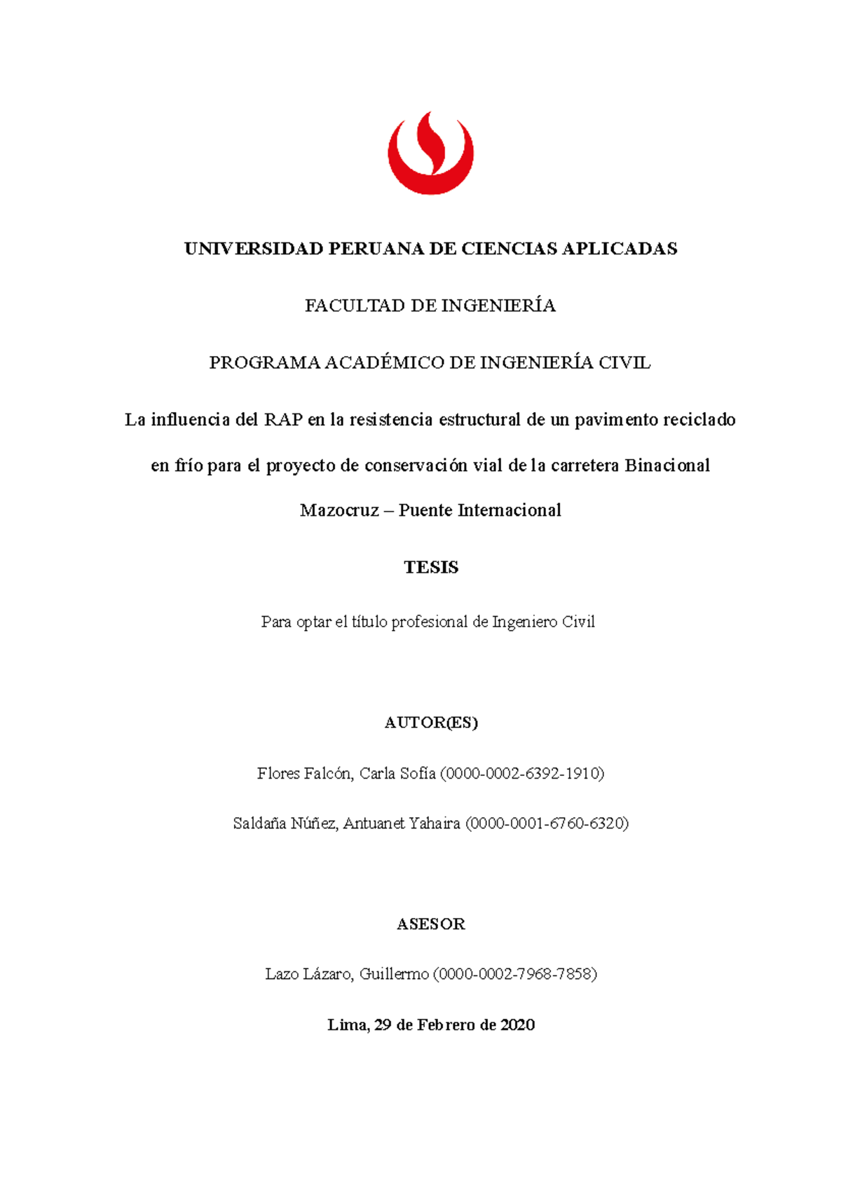 Carátula e Índices - Ejemplo - Tecnología del concreto - UPC - Studocu