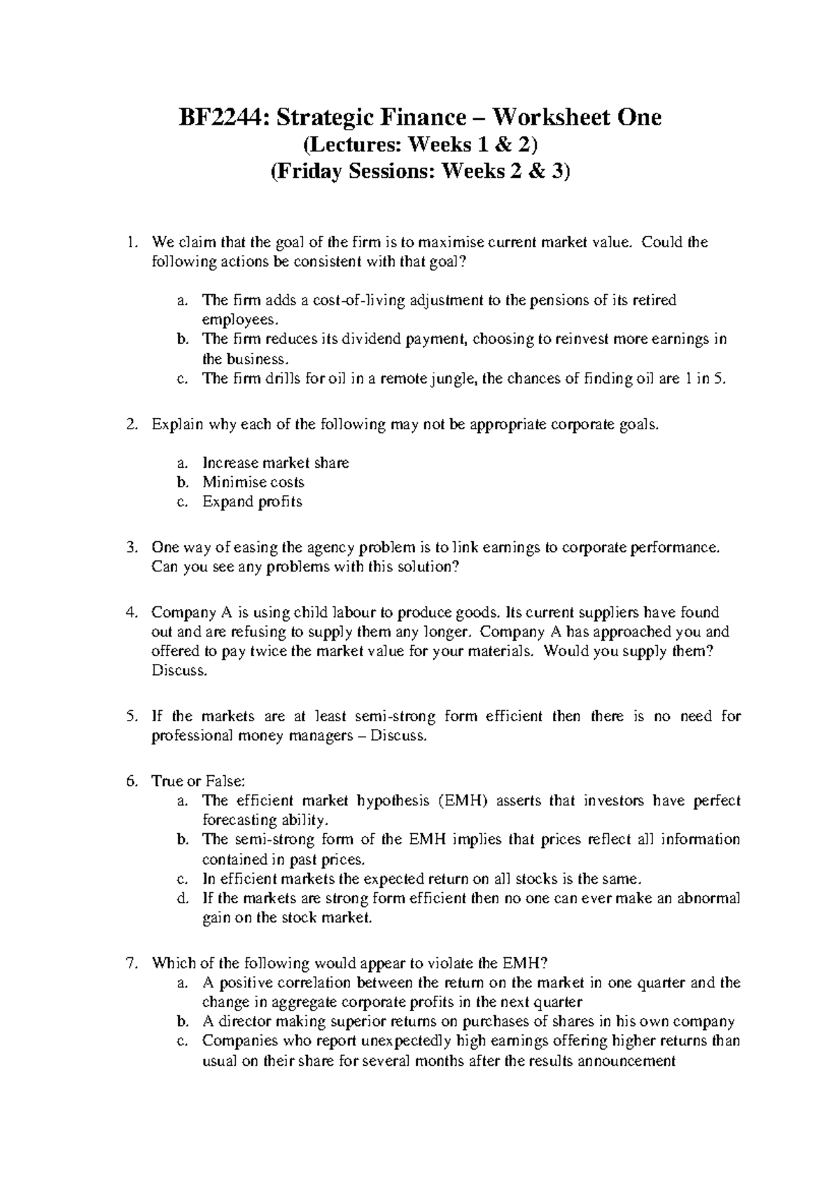 SF Worksheet One - practice questions - BF2244: Strategic Finance ...