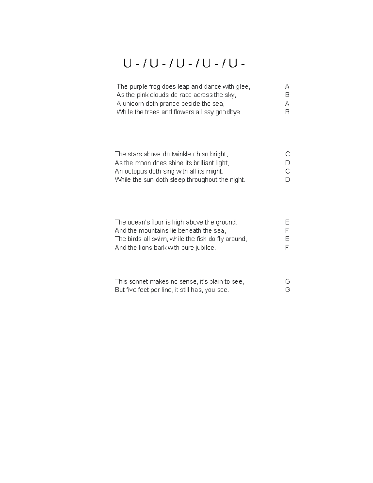 Sonnet - Shakespeare - U - / U - / U - / U - / U - The purple frog does ...