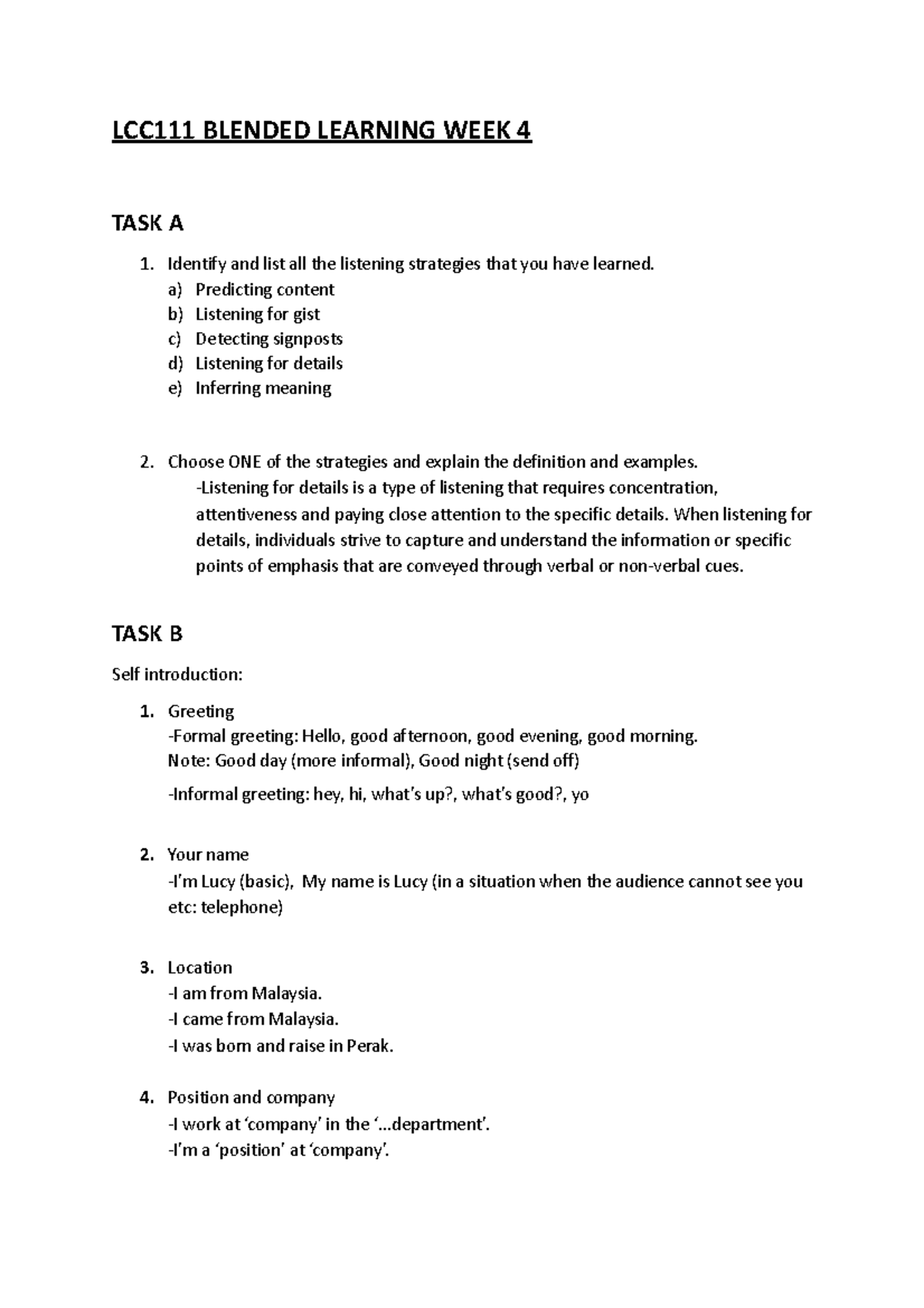 Lcc111 Assignment 1 Listening Test Lcc111 Blended Learning Week 4