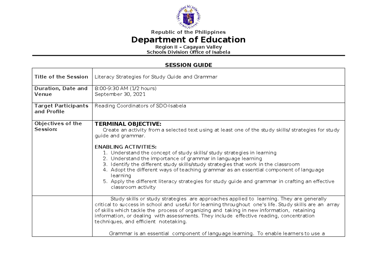 Session Guide for Literacy Strategies - Republic of the Philippines ...