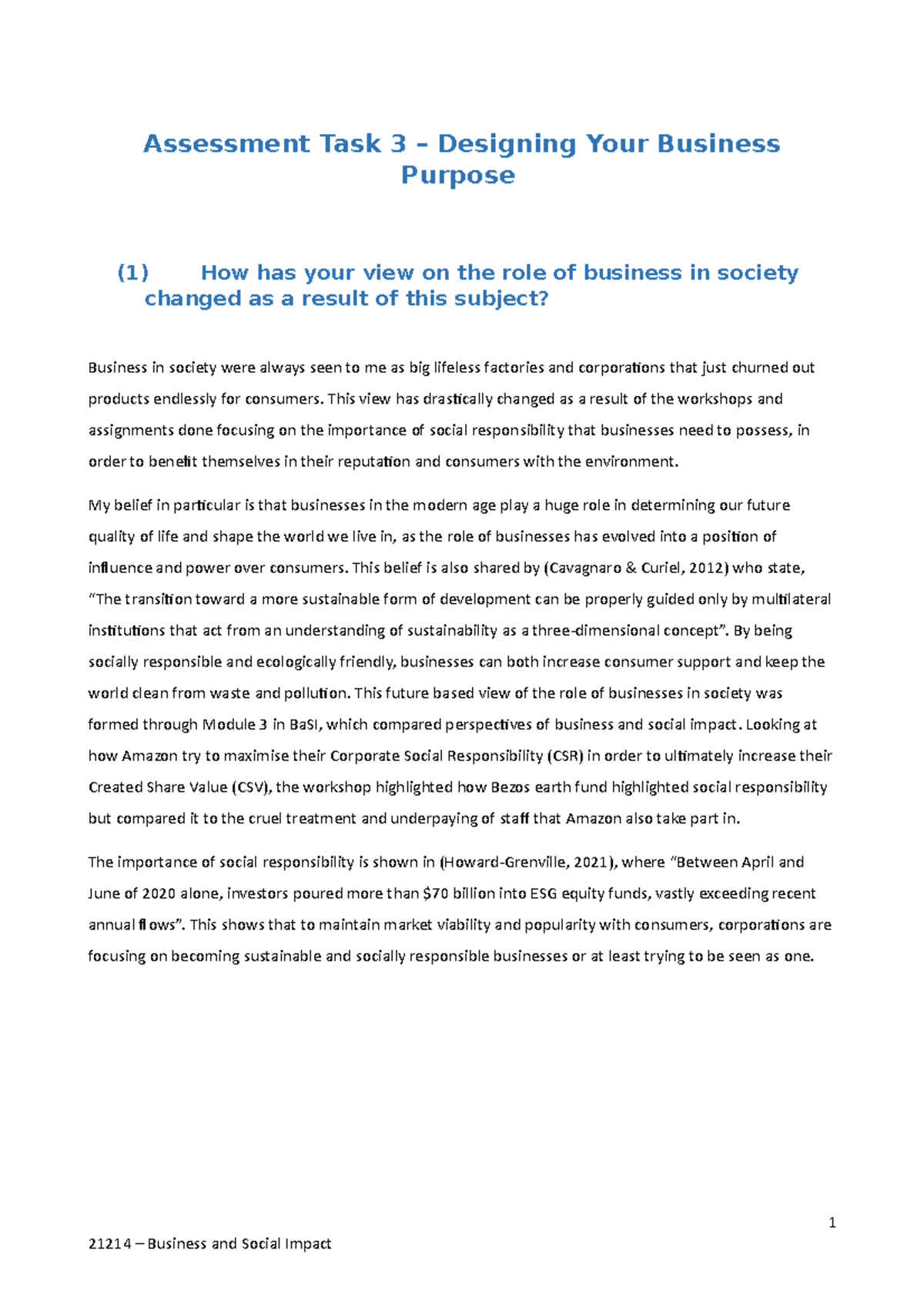 Assessment Task 3 - Ba SI - Assessment Task 3 – Designing Your Business ...