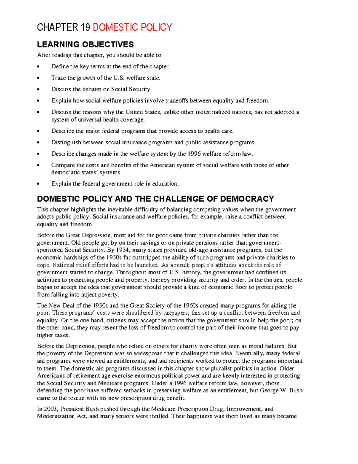 Ch19 Domestic Policy Exam - CHAPTER 19 DOMESTIC POLICY LEARNING ...