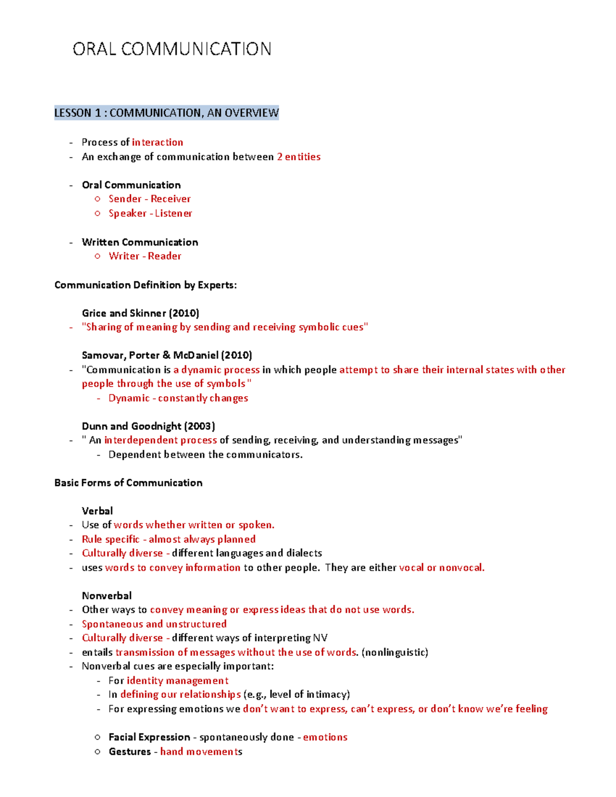 Oral communication SHS - LESSON 1 : COMMUNICATION, AN OVERVIEW Process ...