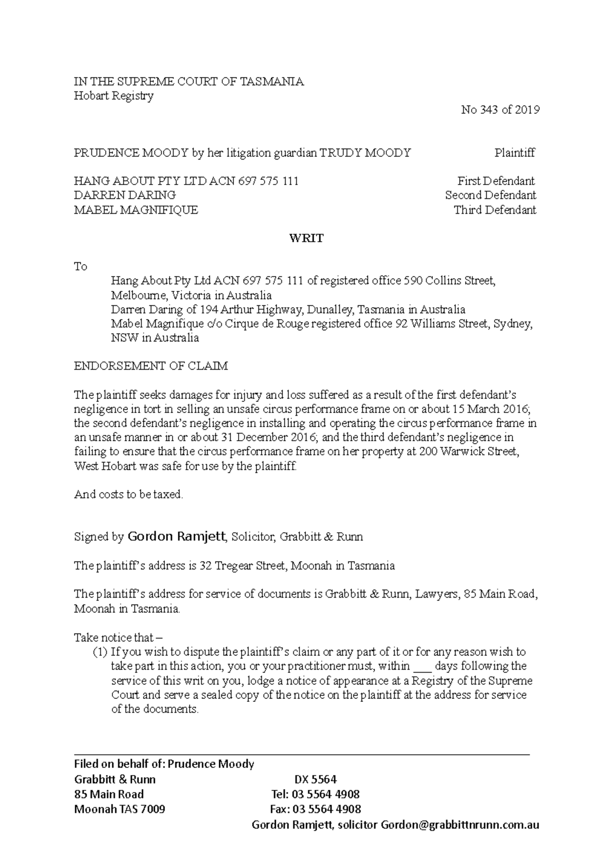 Writ for Examination - IN THE SUPREME COURT OF TASMANIA Hobart Registry ...