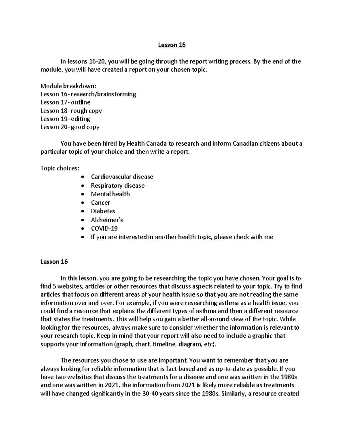 Lesson 16- health - homework - Lesson 16 In lessons 16-20, you will be ...