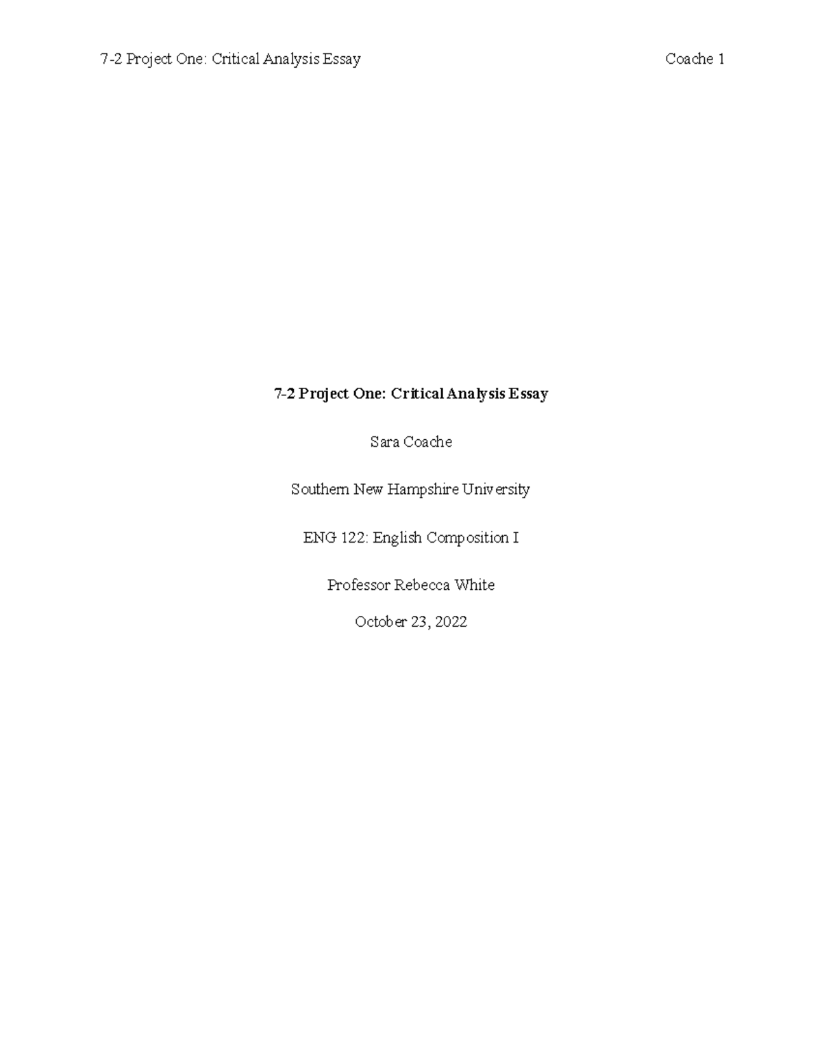 ENG 122 Project One - 7-2 Project One: Critical Analysis Essay Sara ...