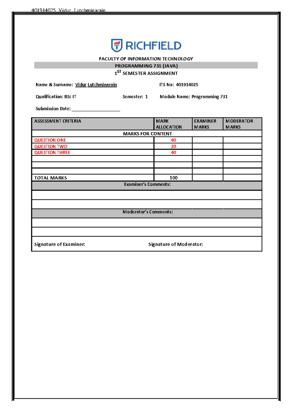 401914025 Vidur Lutchminarain Programming 731 - FACULTY OF INFORMATION TECHNOLOGY PROGRAMMING ...