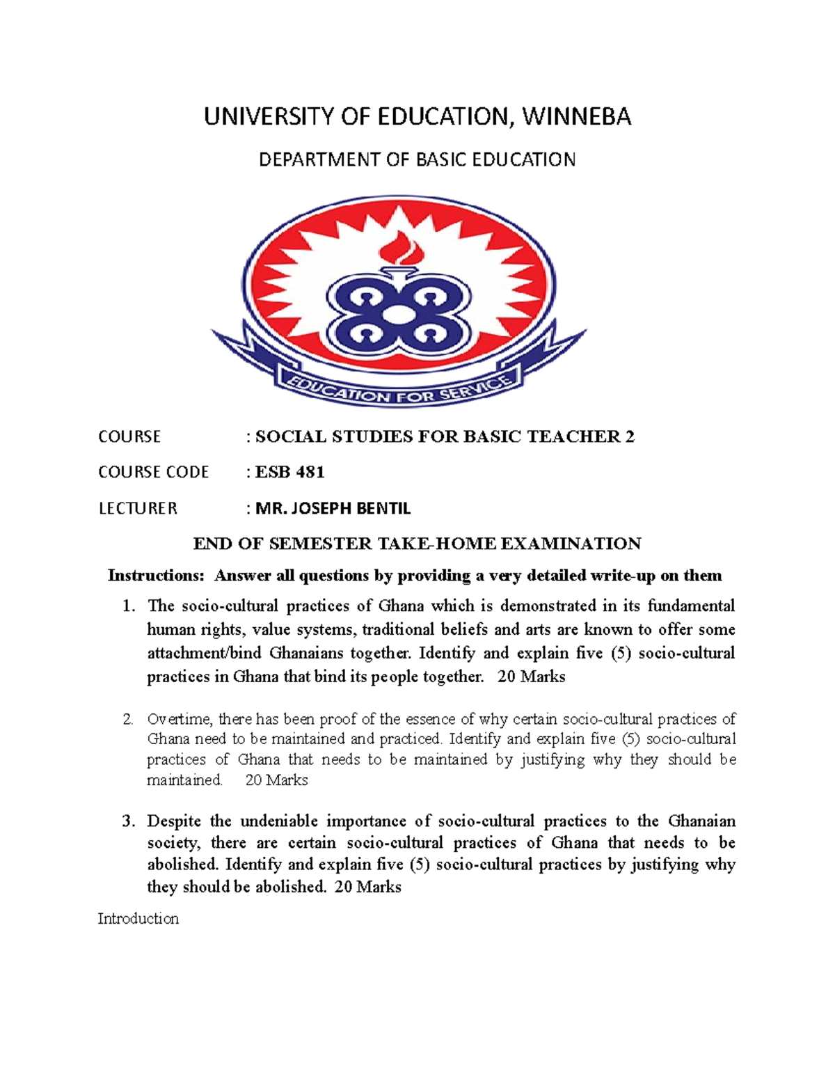 Social studies - UNIVERSITY OF EDUCATION, WINNEBA DEPARTMENT OF BASIC ...