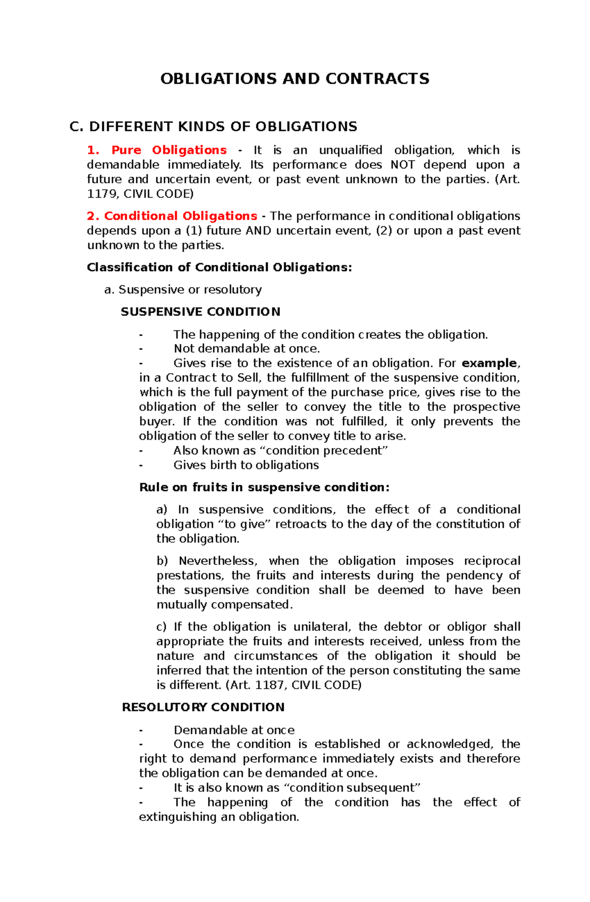 Obligations AND Contracts - OBLIGATIONS AND CONTRACTS C. DIFFERENT KINDS OF OBLIGATIONS Pure ...