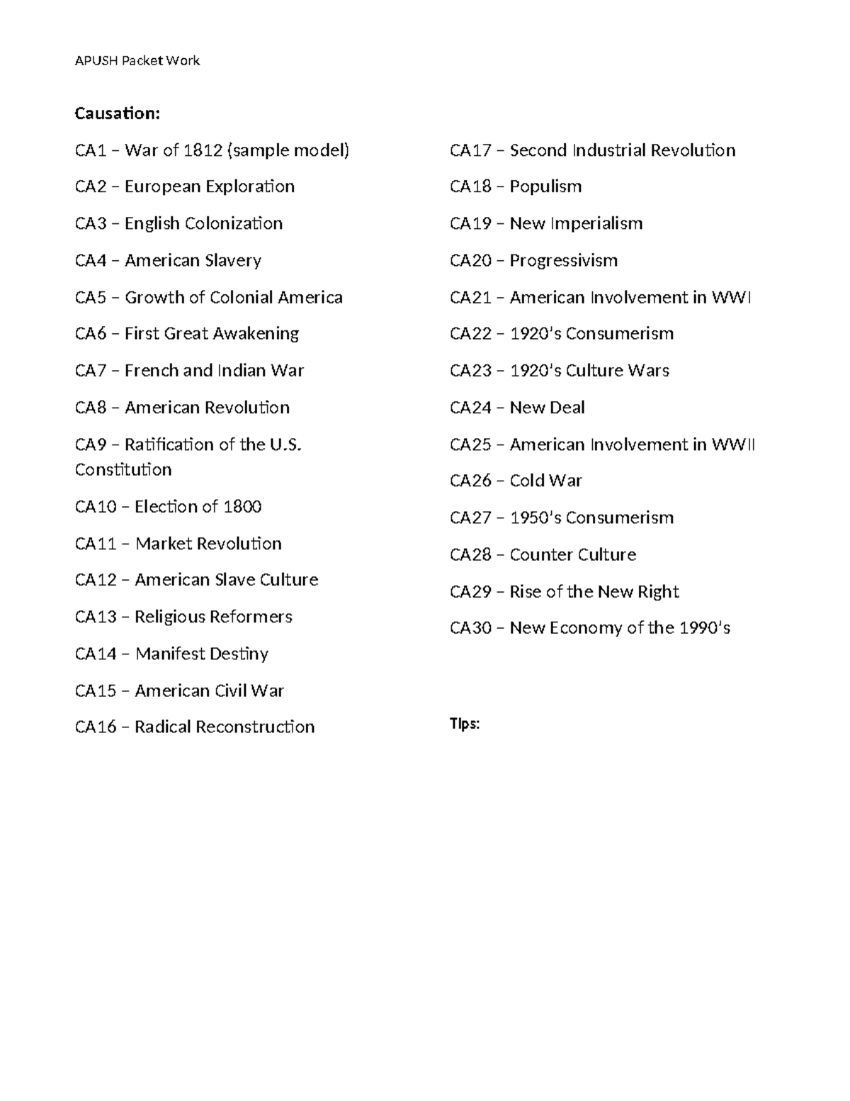 Apush Packet Work 17-18 - Causation: CA1 – War of 1812 (sample model ...