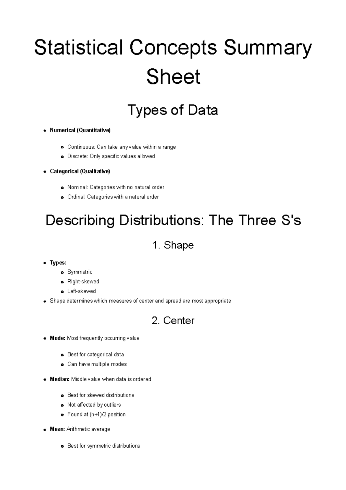 Stats-summary-combined - Statistical Concepts Summary Sheet Types of ...