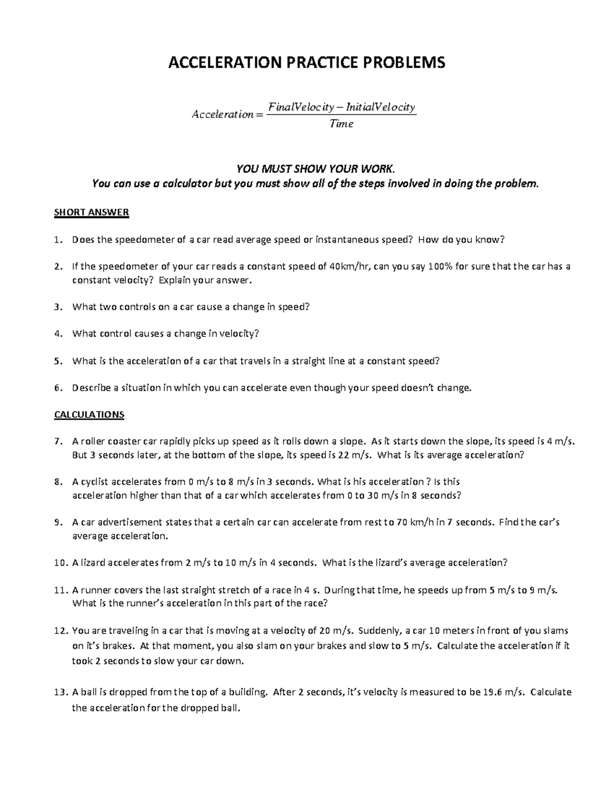Acceleration - Worksheet - ACCELERATION PRACTICE PROBLEMS YOU MUST SHOW ...